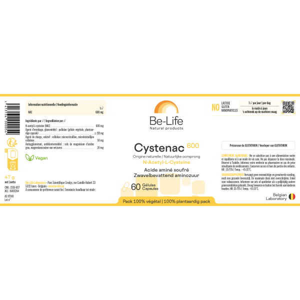 Cystenac 600 N-AcetylL-Cysteine 60 gélules - Be-Life